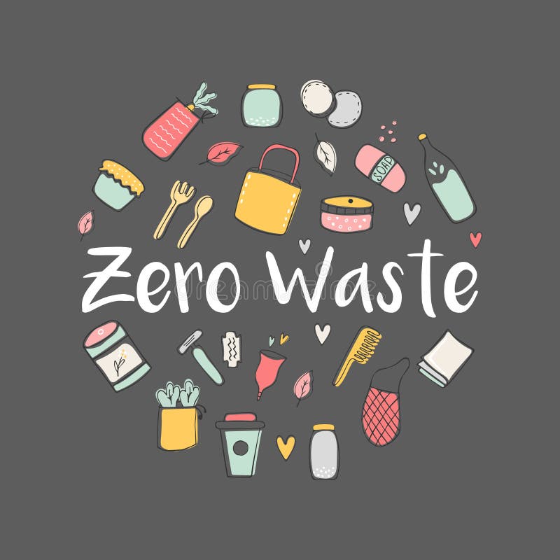 Zero Waste Hand Drawn Illustration with Eco Icons Stock Vector ...