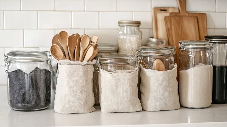 Zero Waste Kitchen with Reusable Containers and Cloth Bags. Stock Photo ...