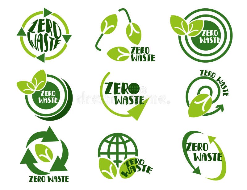 Zero Waste Labels in Green with Arrow and Leaf Icons. Zero Waste Green ...