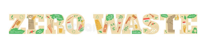 Zero Waste Lettering Design, Cartoon Vector Illustrations on White ...