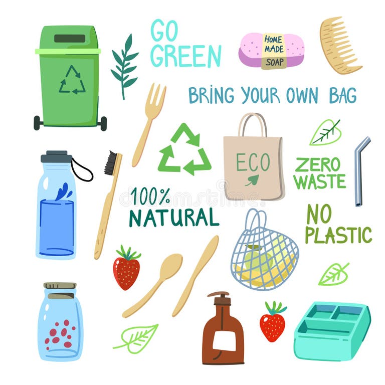 Zero Waste Life and Minimal Plastic Use. Collection of Hand Drawn ...