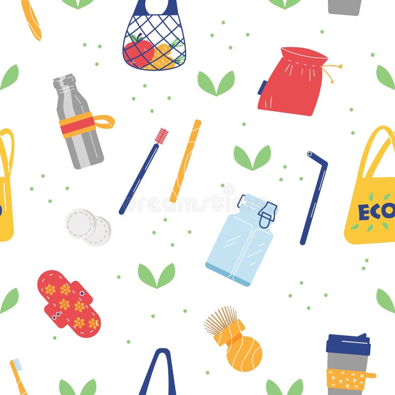 Zero Waste Lifestyle Symbols, Seamless Pattern, Flat Vector ...