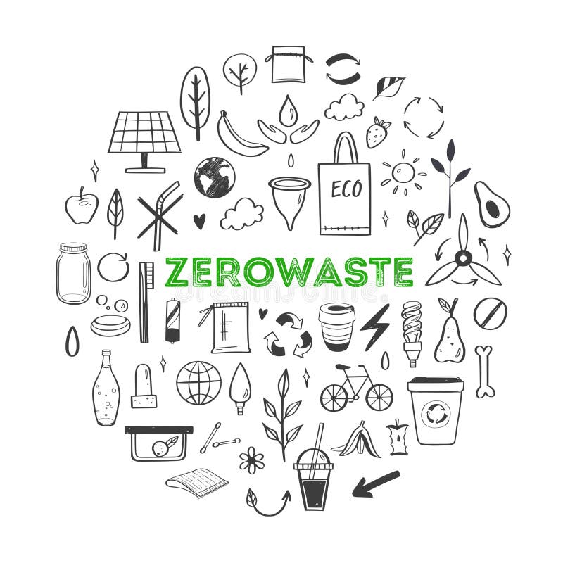 Zero Waste Lifestyle Vector Hand Drawn Set. Collection of Ecogical and ...