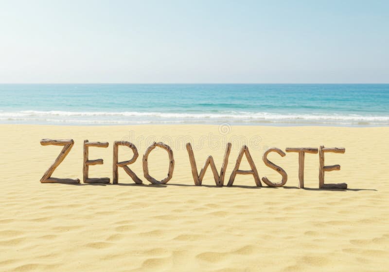 Zero Waste Message on Sandy Beach with Ocean Background Stock ...