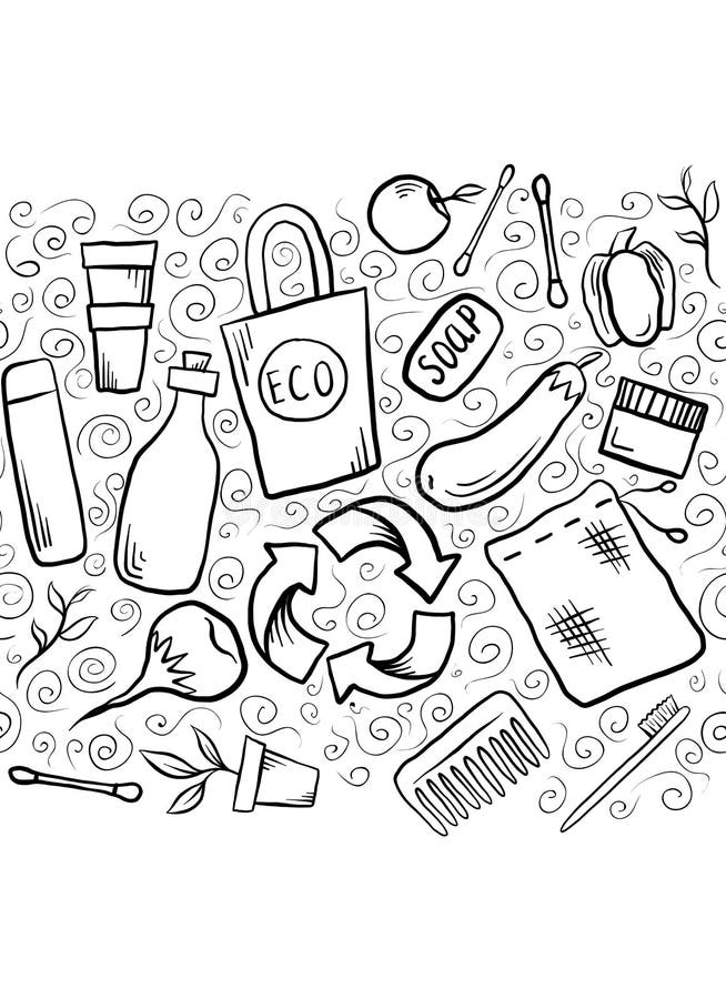 Zero Waste. Seamless Border with Eco Objects, Vegetables, Foliage and a ...