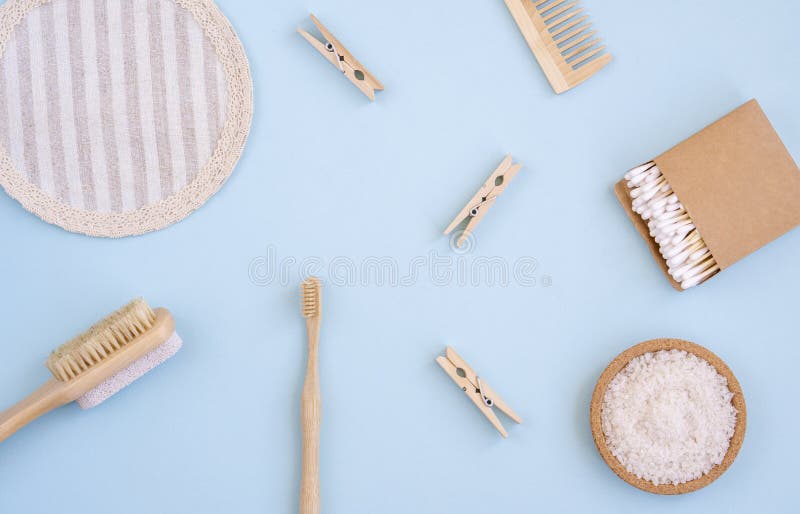 Zero Waste Set for Bathing on Light Blue Background Stock Photo - Image ...