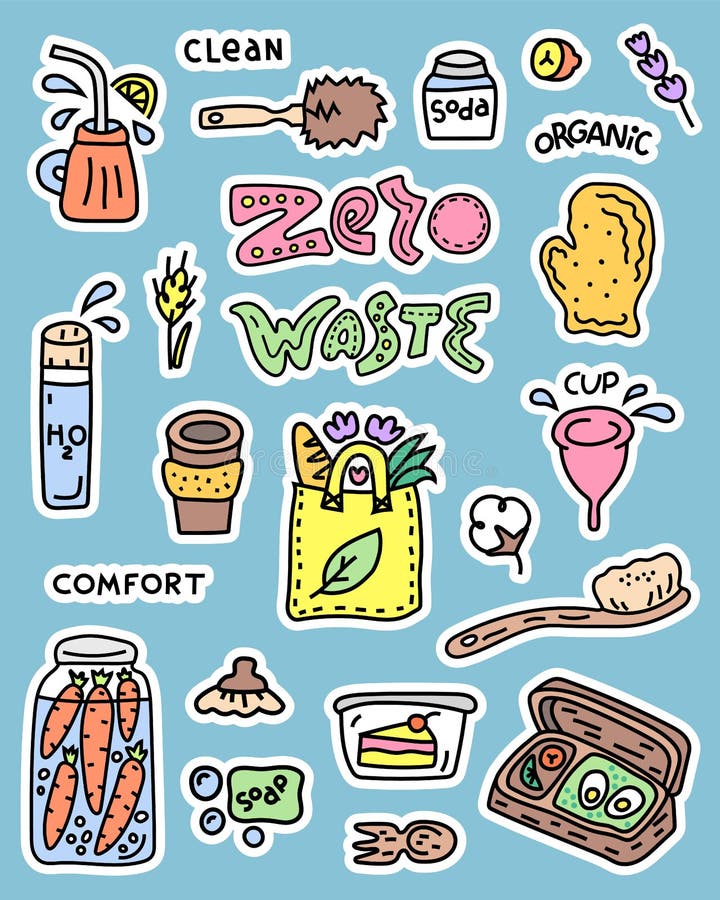 Zero Waste Stickers, Doodle Objects for Kitchen Stock Vector ...