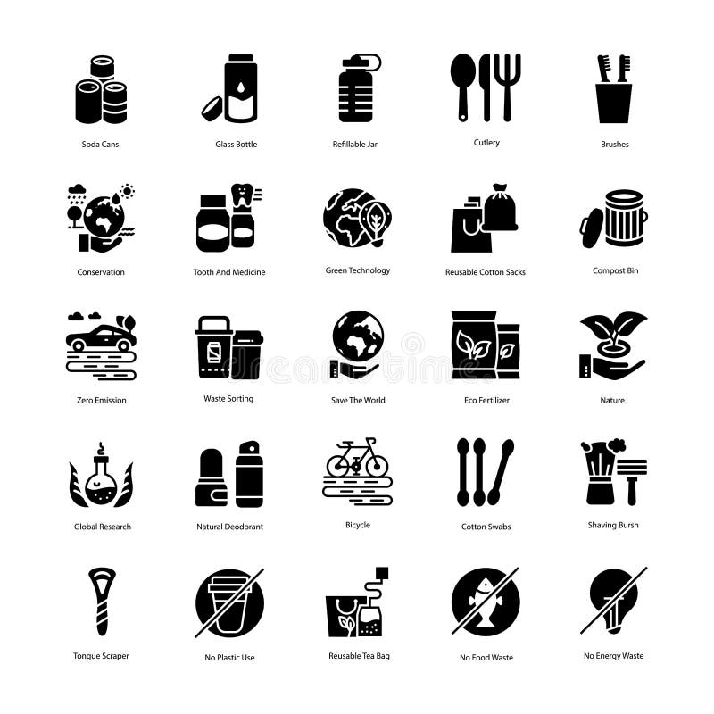 Zero Waste Solid Icons Set stock photo. Image of brush - 150867196
