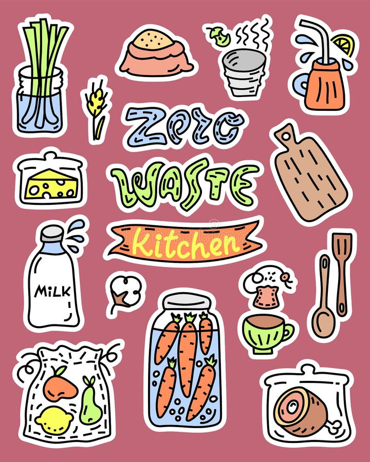 Zero Waste Stickers, Doodle Objects for Kitchen Stock Vector ...
