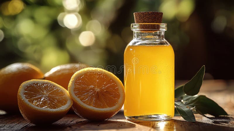 Zesty Cold Pressed Lemon Juice in Glass Bottle with Fresh Lemons Stock ...