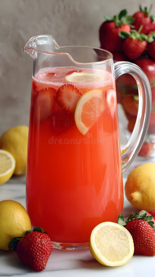 Zesty Strawberry Lemonade Juice in Pitcher with Slices, Fresh Setup and ...