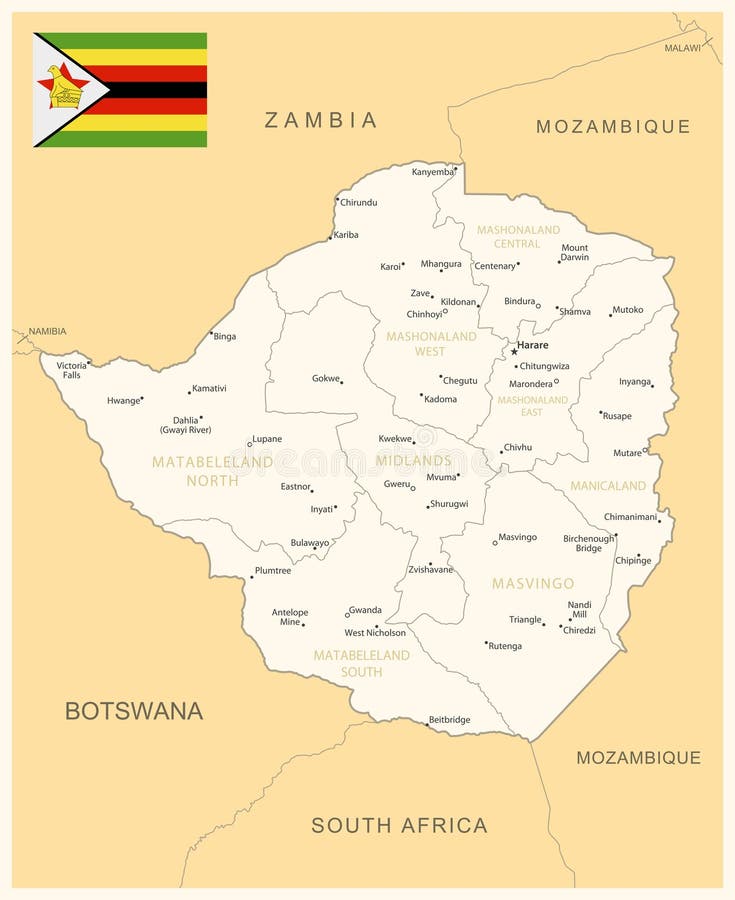 Zimbabwe - Detailed Map with Administrative Divisions and Country Flag ...