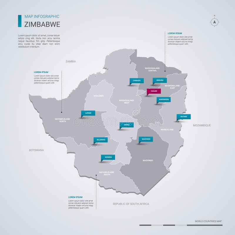 Zimbabwe Vector Map with Infographic Elements, Pointer Marks Stock ...