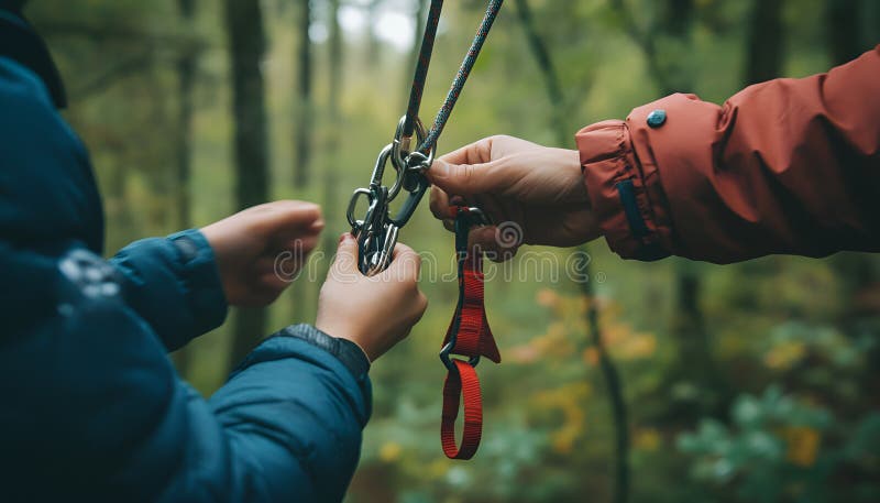 Zip Line Activity. Hands Holding Carabiner on Zip Line in Forest Stock ...