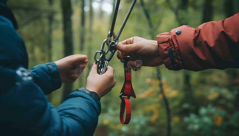 Zip Line Activity. Hands Holding Carabiner on Zip Line in Forest Stock ...