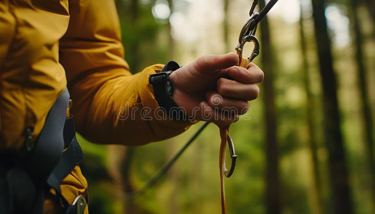 Zip Line Activity. Hands Holding Carabiner on Zip Line in Forest Stock ...