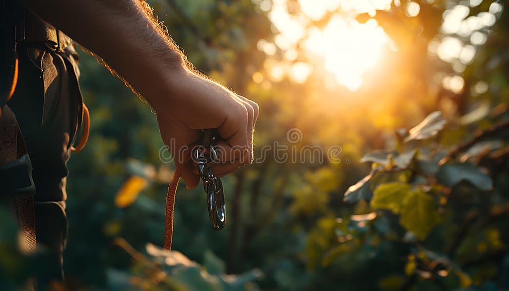 Zip Line Activity. Hands Holding Carabiner on Zip Line in Forest Stock ...