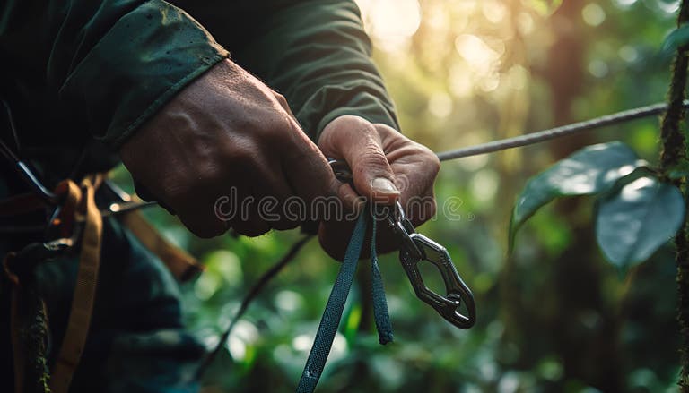 Zip Line Activity. Hands Holding Carabiner on Zip Line in Forest Stock ...