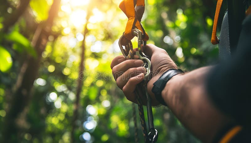 Zip Line Activity. Hands Holding Carabiner on Zip Line in Forest Stock ...