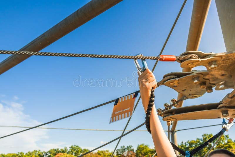 Zipline Equipment for Safety, Adventure in High Ropes Course Stock ...