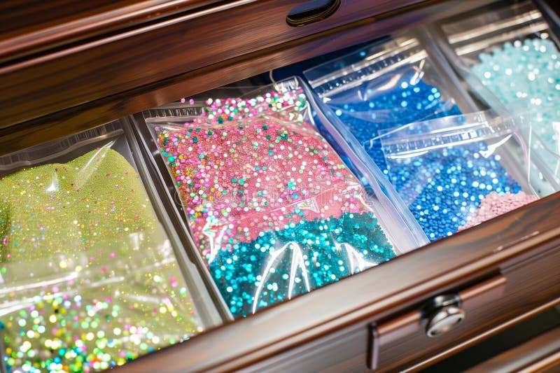 Ziplock Bags of Sequins and Beads in Drawer Stock Photo - Image of ...