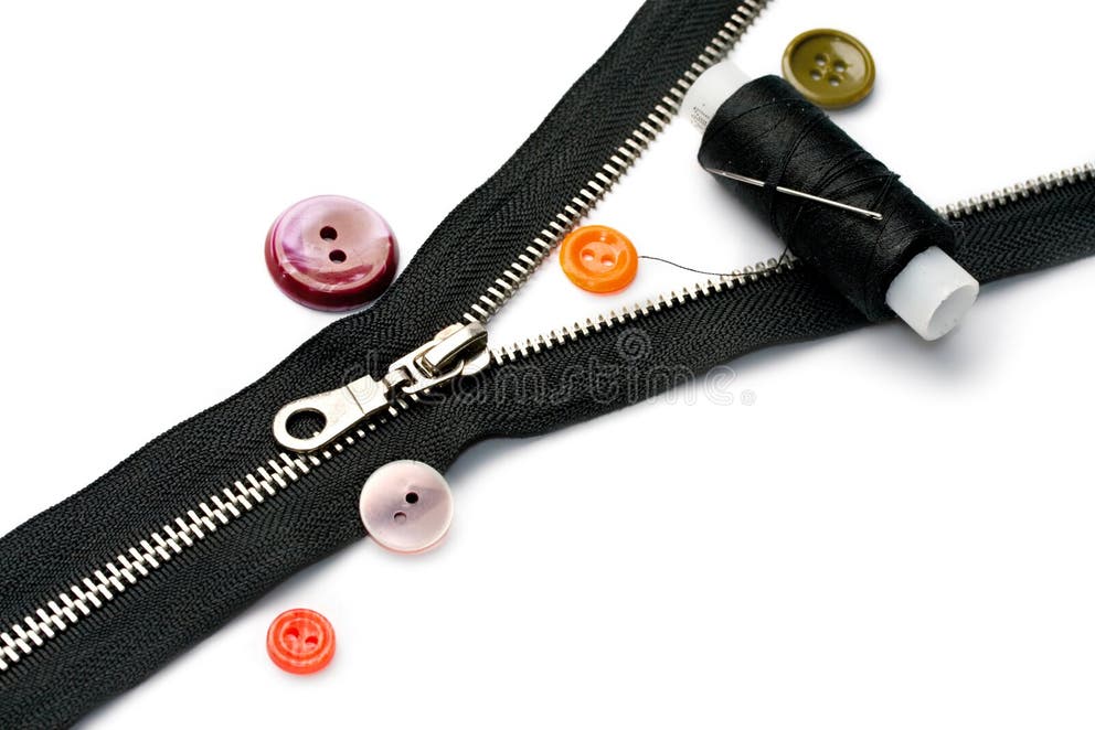 Zipper, thread and button stock photo. Image of tool - 16979976