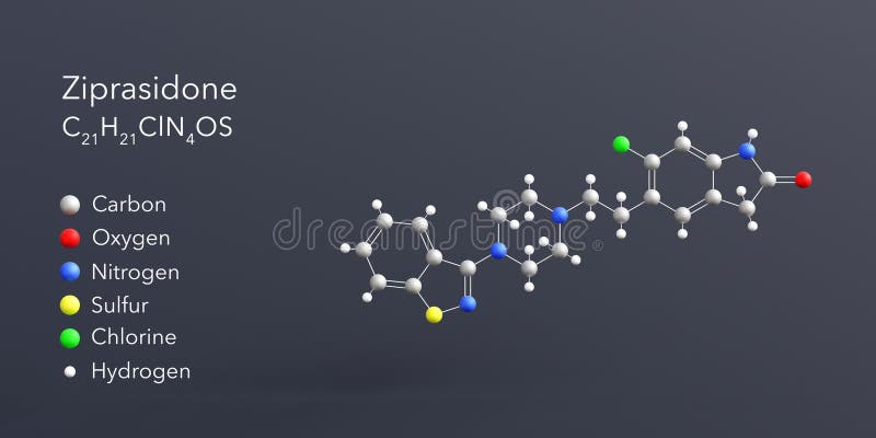 Ziprasidone Molecule 3d Rendering, Flat Molecular Structure with ...