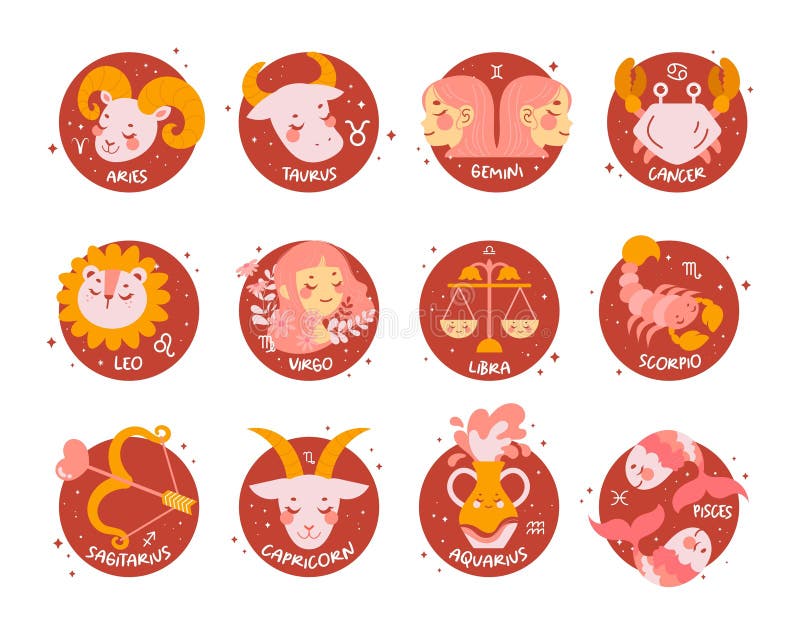 Twelve Zodiac Signs Set Round Symbols of Astrology Horoscope ...