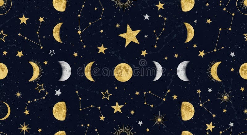 Zodiac Inspired Seamless Pattern with Golden Moon Phases and Starry ...