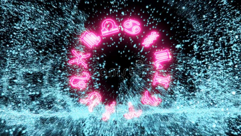 Zodiac Sign Slow Rotate and Abstract Cyan Million Particles Pattern ...