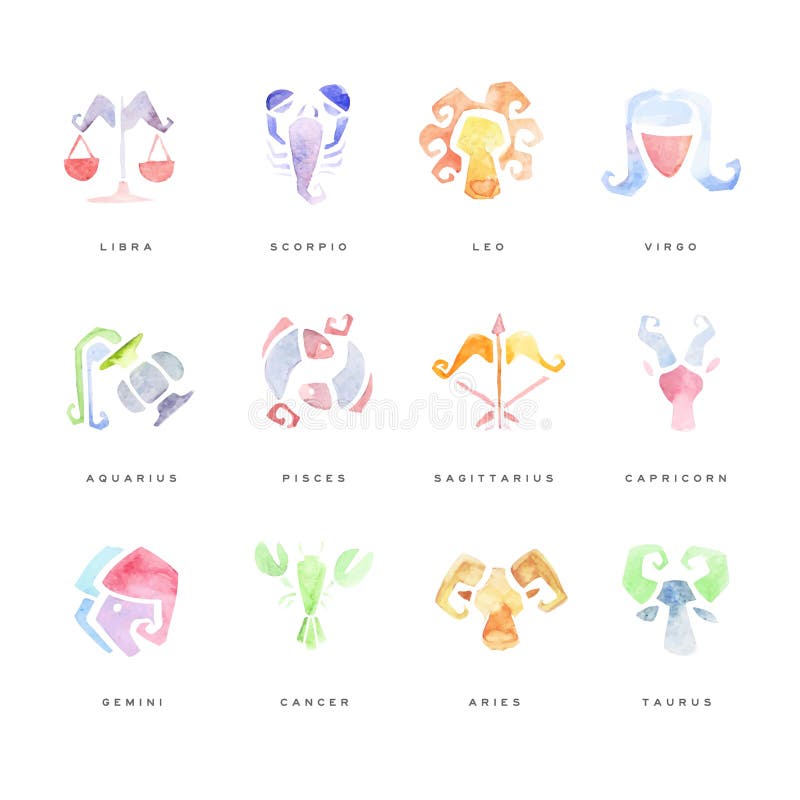 Zodiac Signs Set Of Hand Drawn Watercolor Vector Illustrations Stock