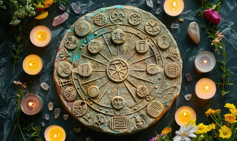 Zodiac Signs on a Stone Plate with Candles and Flowers Stock Image ...