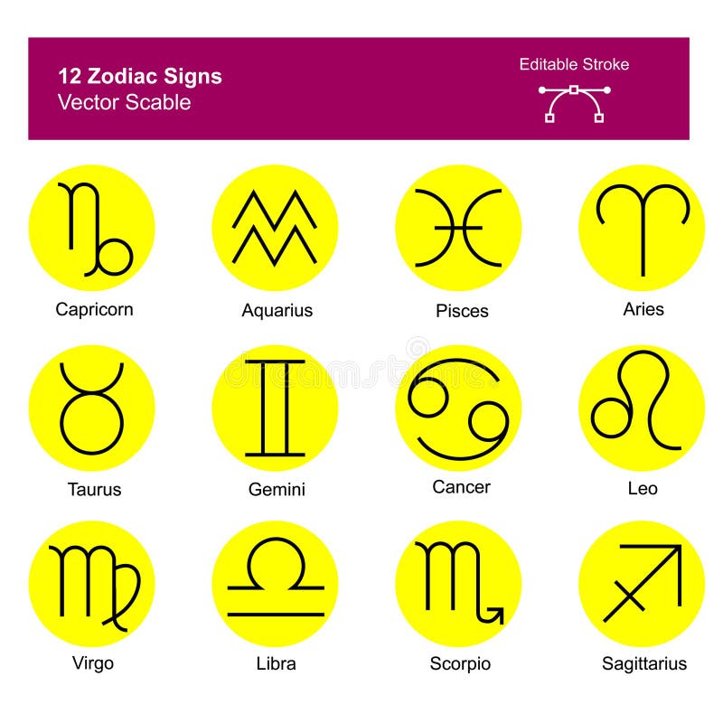 12 Zodiac Signs Vector Scalable Stroke Stock Vector - Illustration of ...