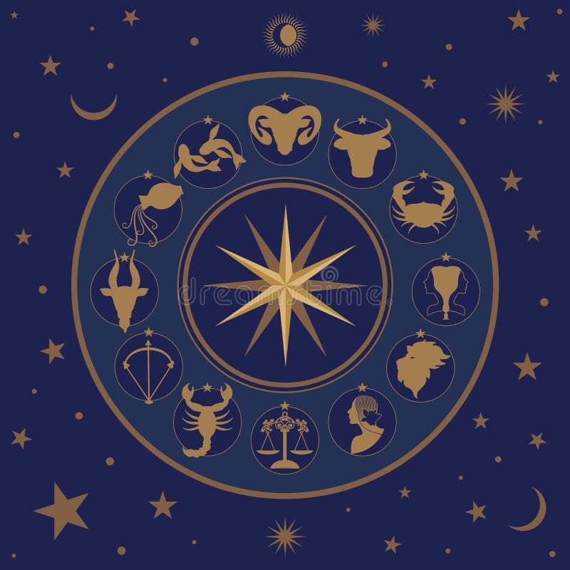 Zodiac Wheel on Starry Sky, Sun, Moon and Stars Stock Illustration ...