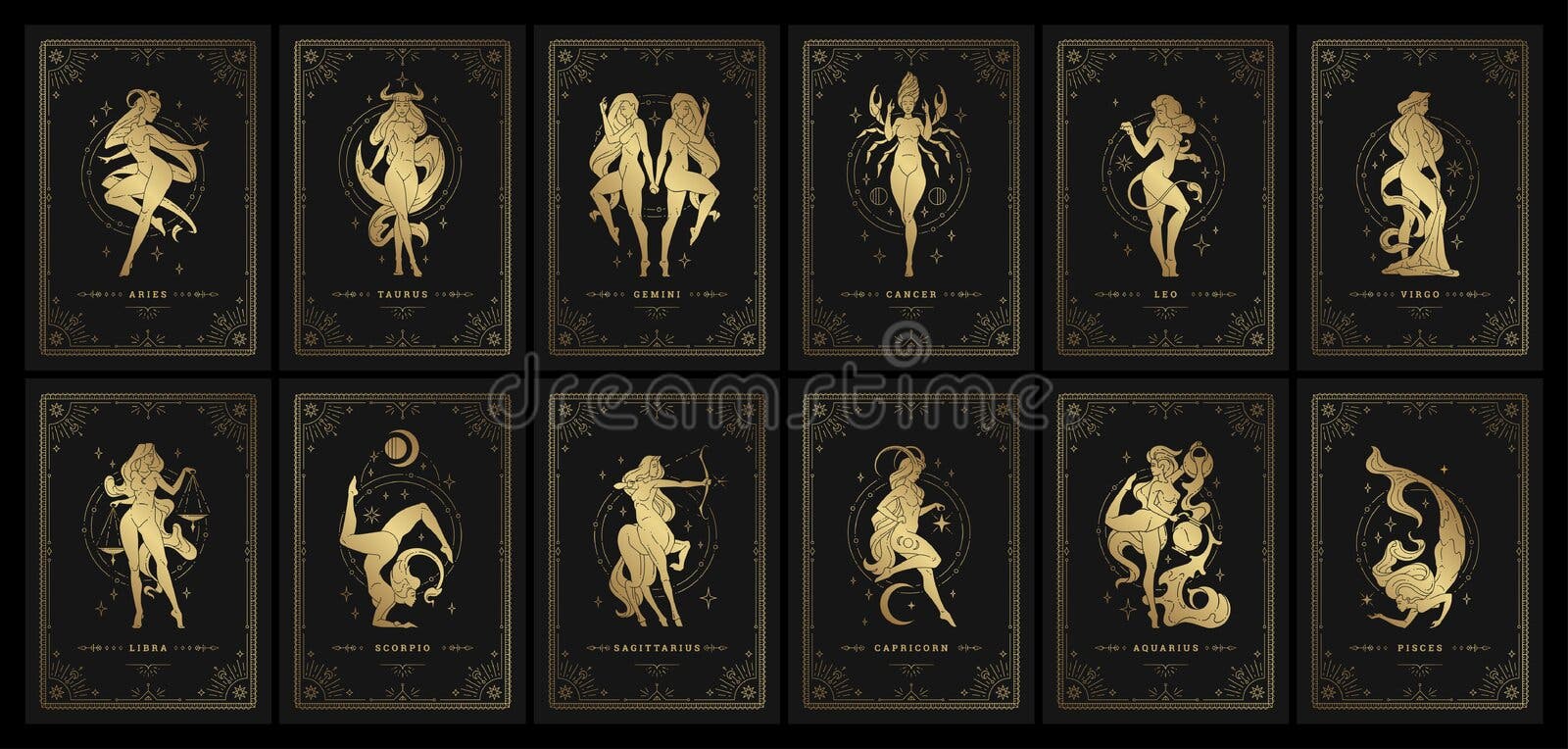 Zodiac Astrology Horoscope Cards Linocut Silhouettes Design Vector