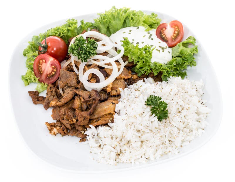 Piatto Con Kebab E Riso Su Sfondo Bianco Immagine Stock - Immagine di ...