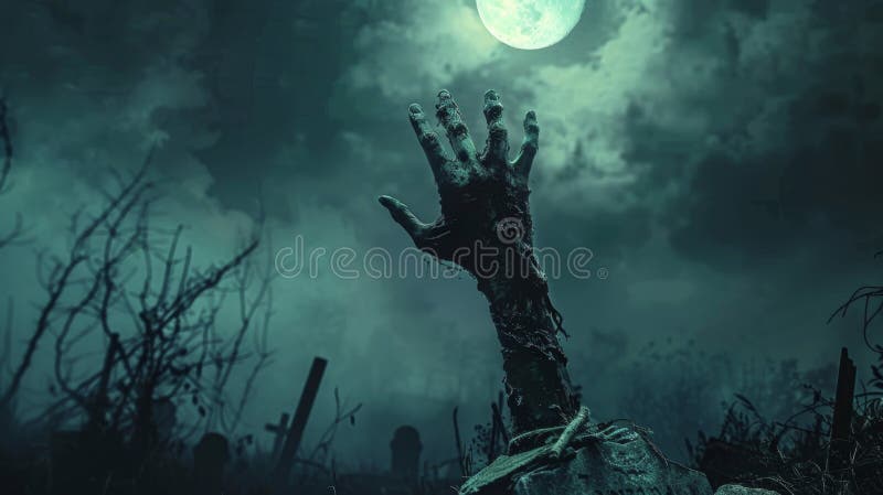 Zombie Hand Rising from Grave Under Moonlight - Generative AI Stock ...