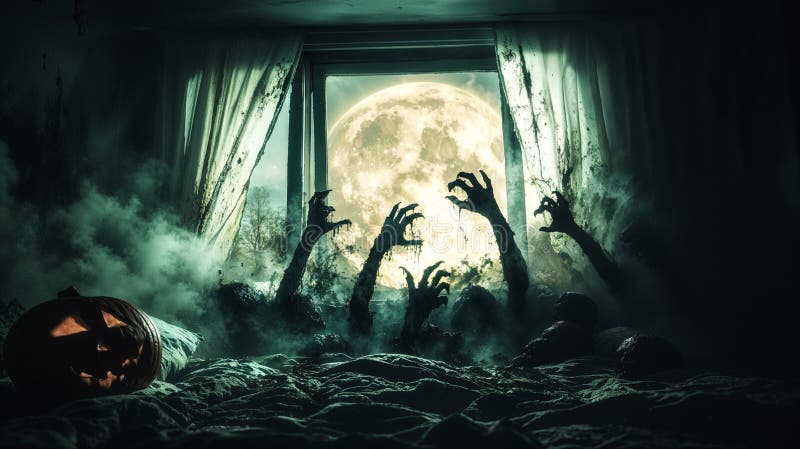 Zombie Hands Reaching Under a Full Moon through a Window Stock ...