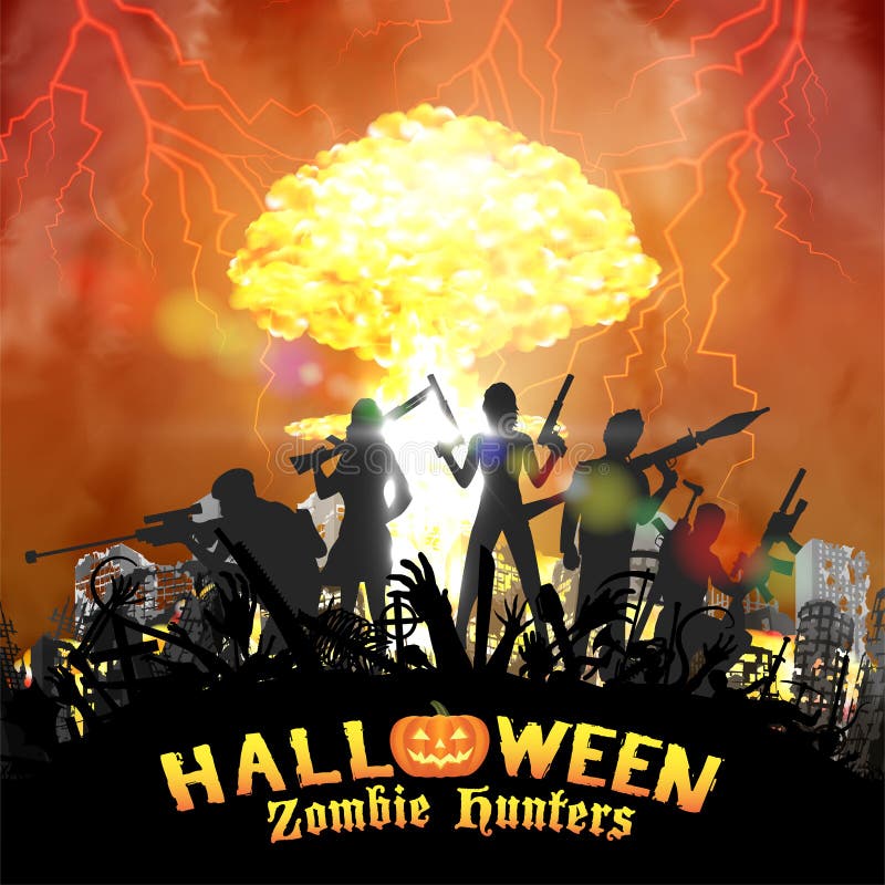 Zombie Hunter Group with Nuclear Bomb Background Stock Vector ...