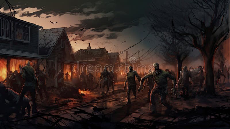 Zombie Mob Attacks a Suburban Town Stock Illustration - Illustration of ...