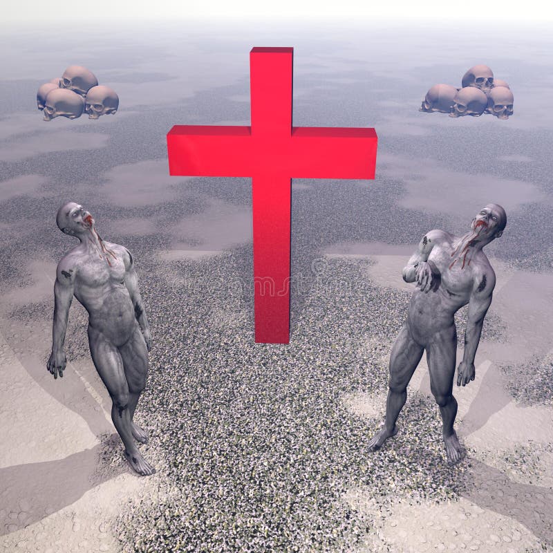 Zombies in Front of a Red Cross - 3d Render Stock Illustration ...