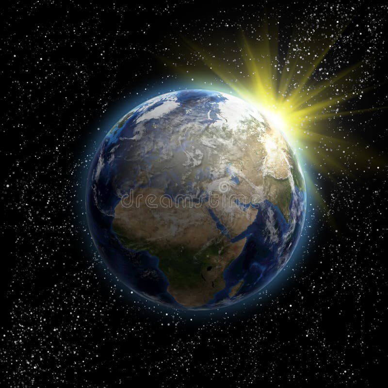Zon, sterren en aarde stock illustratie. Illustratie bestaande uit ...
