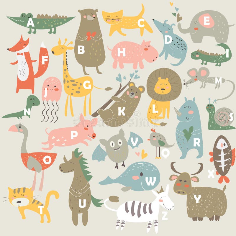 Cute Vector Zoo Alphabet Poster with Cartoon Animals. Set of Kids Abc ...