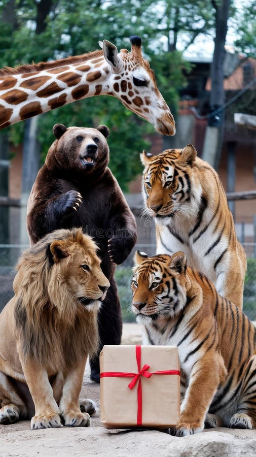 Zoo Animals Gathered Around Opened Gift Box Stock Illustration ...
