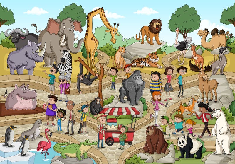 Zoo with Cartoon Animals and People. Stock Vector - Illustration of ...