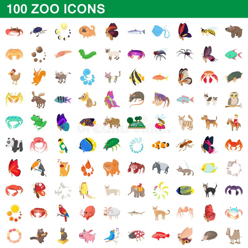 100 Zoo Icons Set, Cartoon Style Stock Vector - Illustration of icons ...