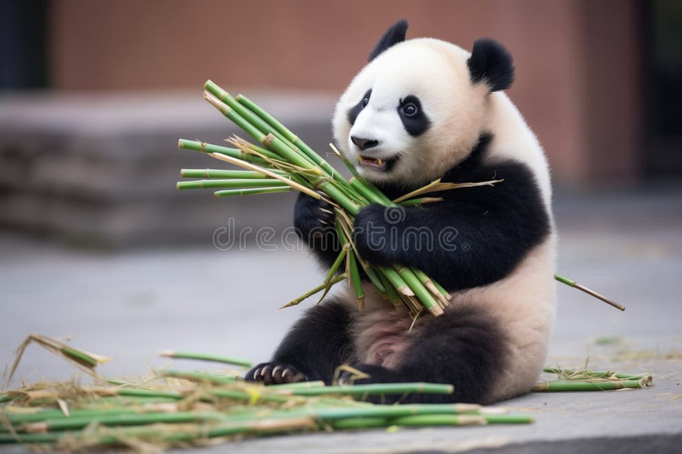 Zoo Panda with Pile of Bamboo Shoots Stock Illustration - Illustration ...