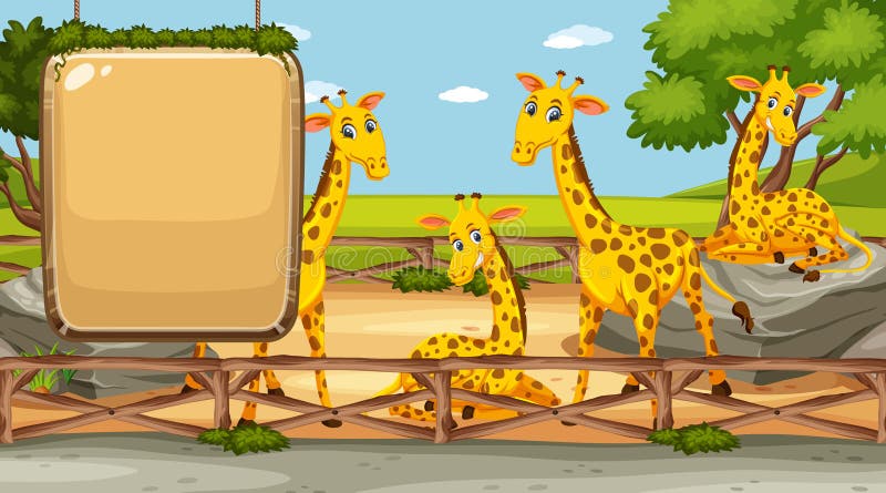 Zoo Scene with Blank Sign and Many Giraffes Stock Vector - Illustration ...