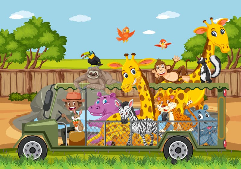 Zoo Scene with Happy Animals in the Cage Car Stock Vector ...