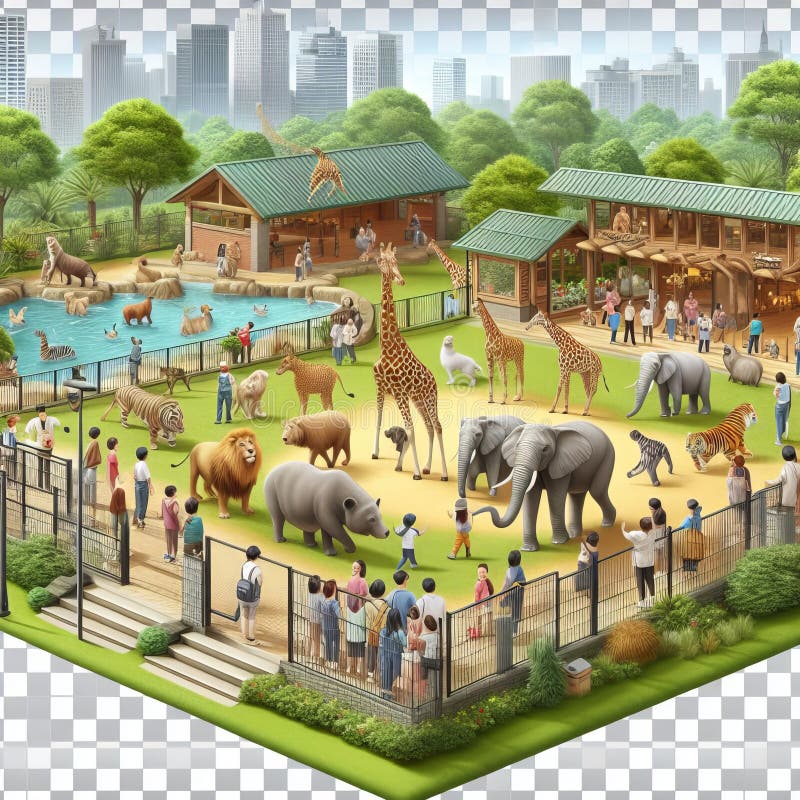 Zoo Setting with Animals and Visitors on a Transparent Backgron Stock ...